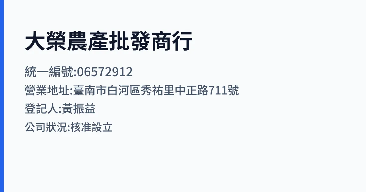 大榮農產批發商行 - 統編 06572912(臺南市) 公司登記資料與營業項目詳細圖表