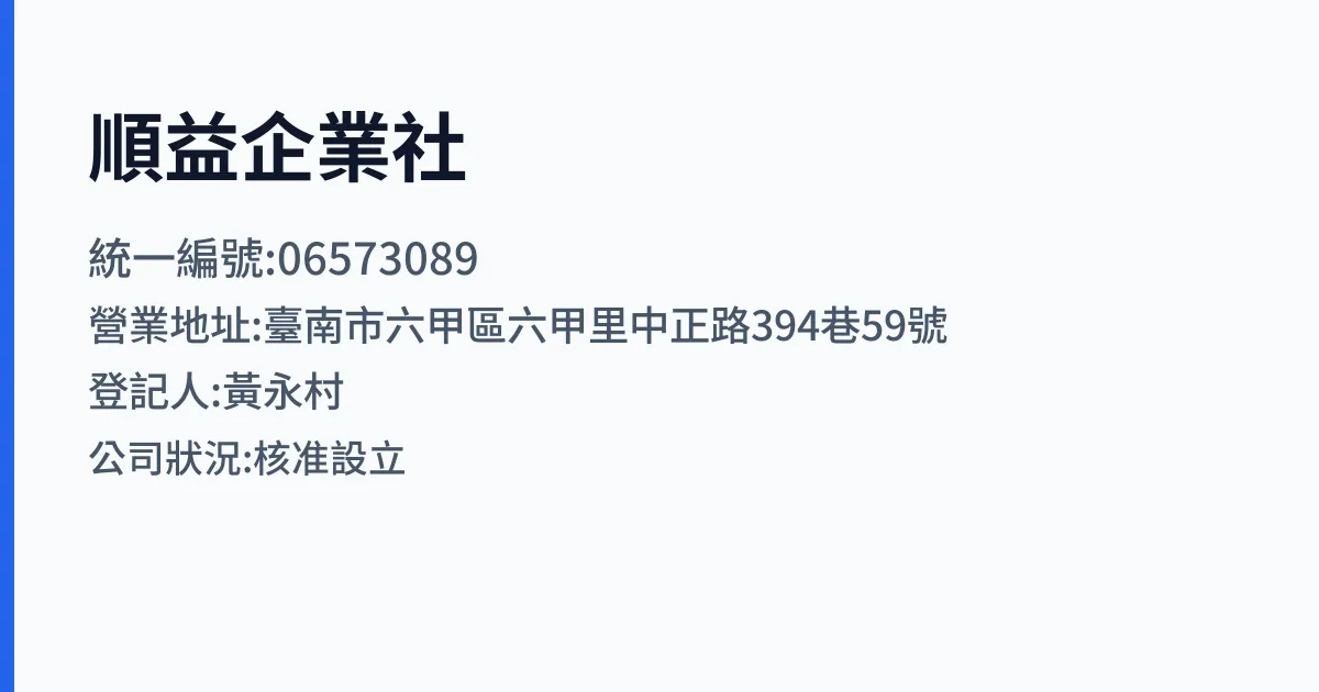 順益企業社 - 統編 06573089(臺南市) 公司登記資料與營業項目詳細圖表