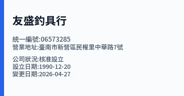 友盛釣具行的照片-統編 06573285(臺南市) 公司登記資料與營業項目詳細圖表
