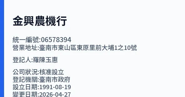 金興農機行的照片-統編 06578394(臺南市) 公司登記資料與營業項目詳細圖表