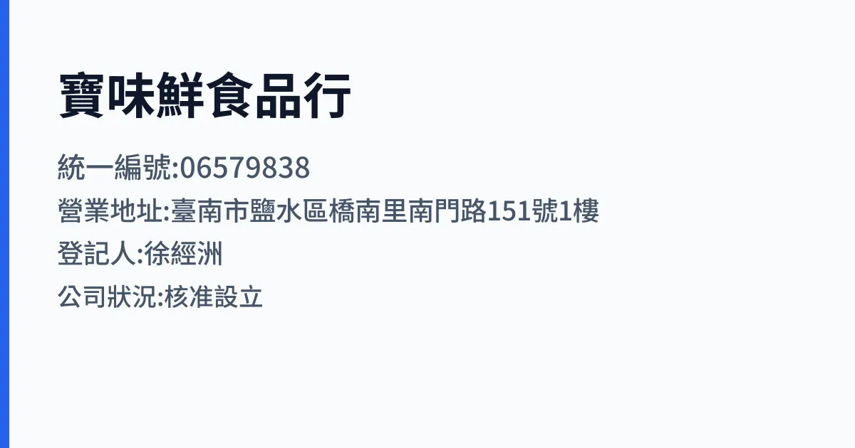 寶味鮮食品行 - 統編 06579838(臺南市) 公司登記資料與營業項目詳細圖表
