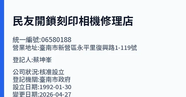 民友開鎖刻印相機修理店的照片-統編 06580188(臺南市) 公司登記資料與營業項目詳細圖表