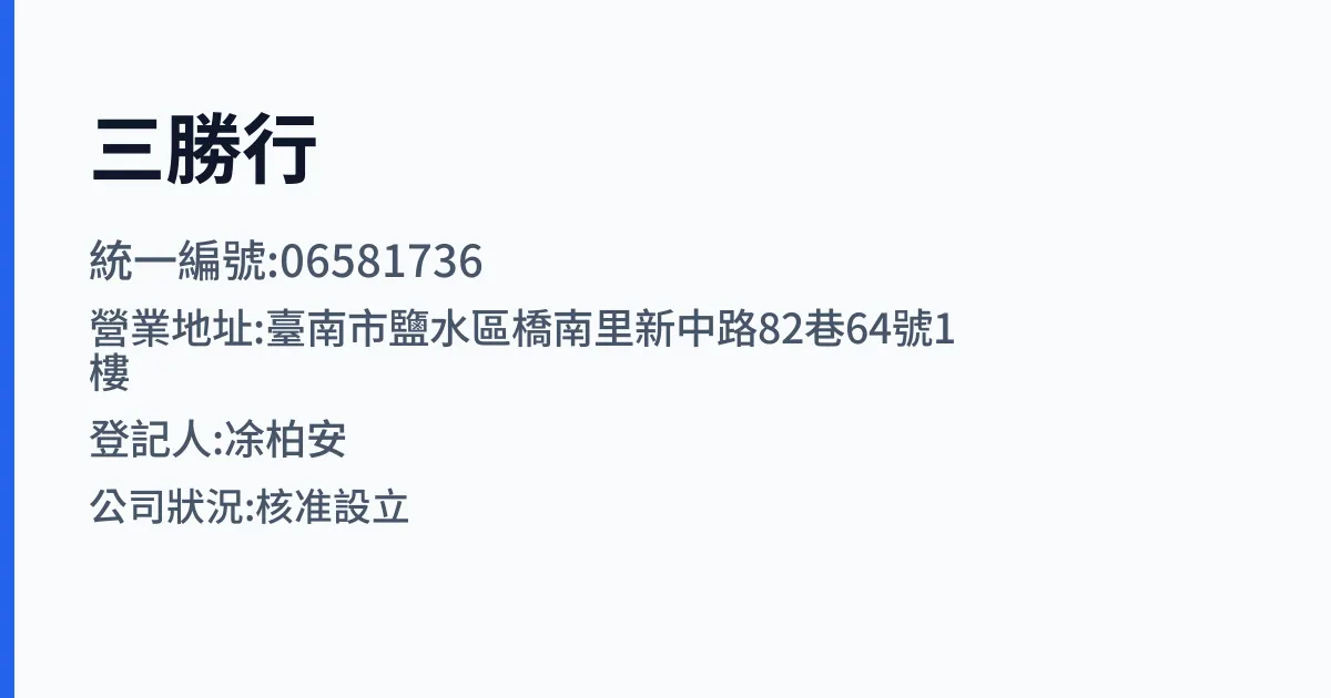三勝行 - 統編 06581736（臺南市） 公司登記資料與營業項目詳細圖表