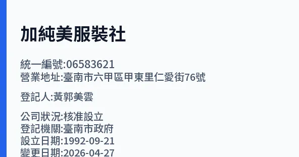 加純美服裝社的照片-統編 06583621(臺南市) 公司登記資料與營業項目詳細圖表