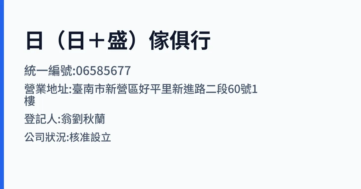 日(日+盛)傢俱行 - 統編 06585677(臺南市) 公司登記資料與營業項目詳細圖表