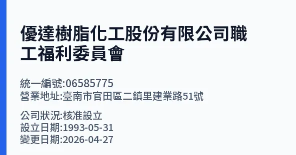 優達樹脂化工股份有限公司職工福利委員會的照片-統編 06585775(臺南市) 公司登記資料與營業項目詳細圖表