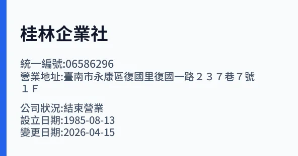 桂林企業社的照片-統編 06586296(臺南市) 公司登記資料與營業項目詳細圖表