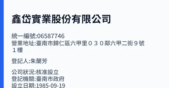 鑫岱實業股份有限公司的照片-統編 06587746(臺南市) 公司登記資料與營業項目詳細圖表