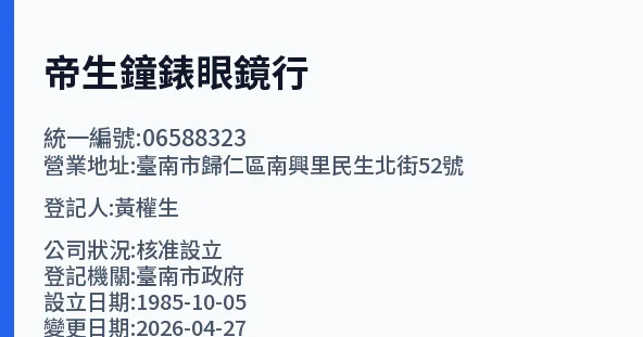 帝生鐘錶眼鏡行的照片-統編 06588323(臺南市) 公司登記資料與營業項目詳細圖表