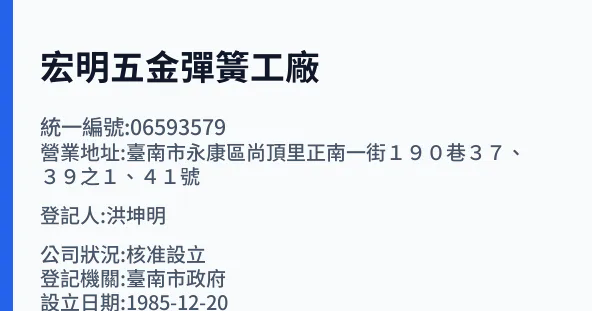 宏明五金彈簧工廠的照片-統編 06593579(臺南市) 公司登記資料與營業項目詳細圖表