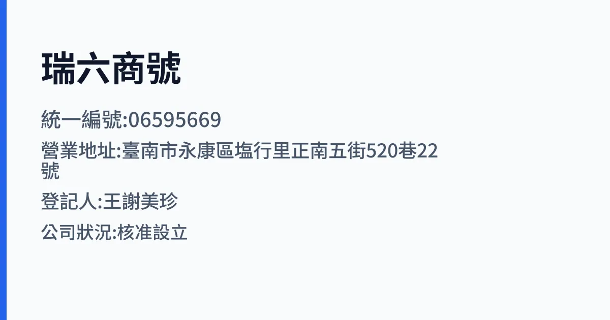 瑞六商號 - 統編 06595669(臺南市) 公司登記資料與營業項目詳細圖表