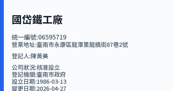 國岱鐵工廠的照片-統編 06595719(臺南市) 公司登記資料與營業項目詳細圖表