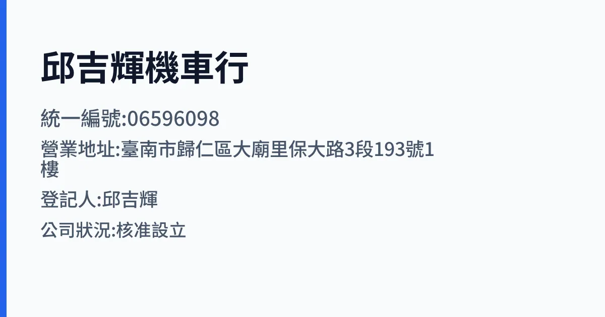 邱吉輝機車行 - 統編 06596098(臺南市) 公司登記資料與營業項目詳細圖表