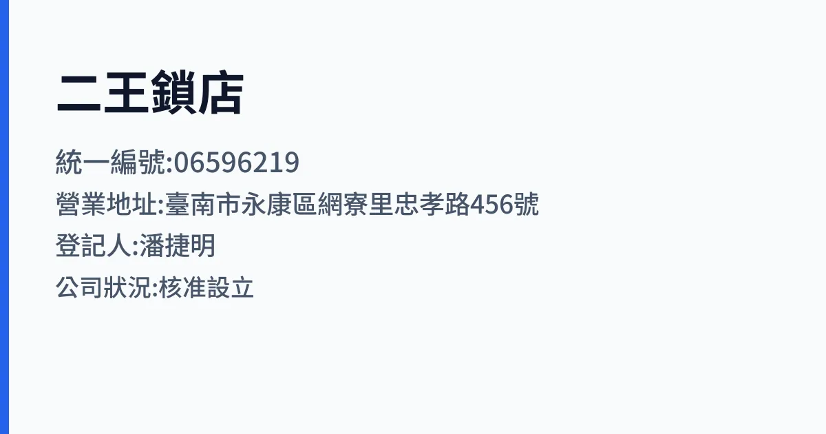 二王鎖店 - 統編 06596219(臺南市) 公司登記資料與營業項目詳細圖表
