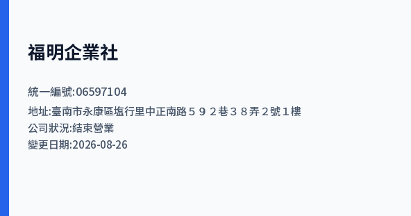福明企業社的照片-統編 06597104(臺南市) 公司登記資料與營業項目詳細圖表