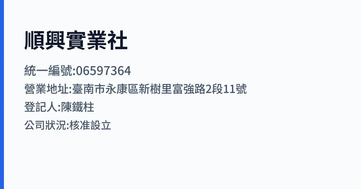 順興實業社 - 統編 06597364(臺南市) 公司登記資料與營業項目詳細圖表