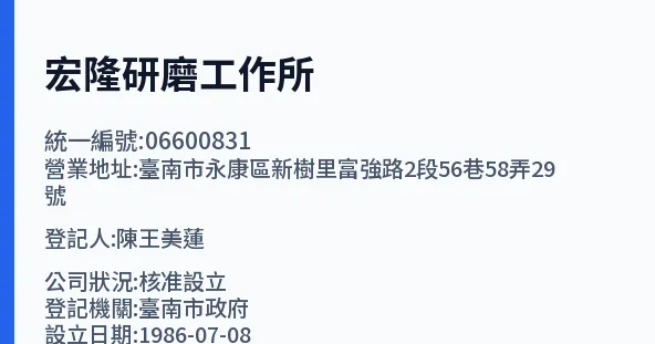 宏隆研磨工作所的照片-統編 06600831(臺南市) 公司登記資料與營業項目詳細圖表