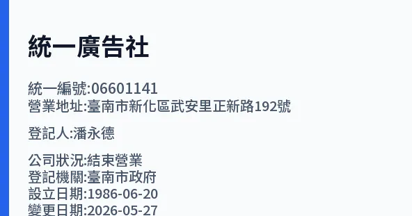 統一廣告社的照片-統編 06601141(臺南市) 公司登記資料與營業項目詳細圖表