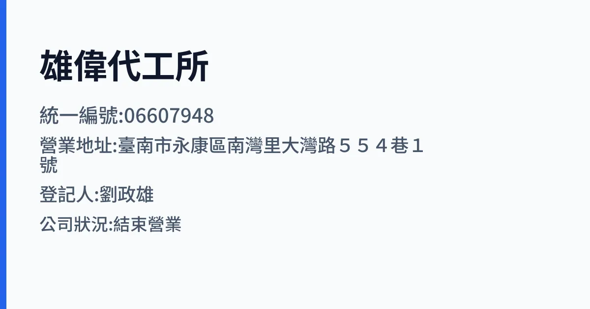 雄偉代工所 - 統編 06607948(臺南市) 公司登記資料與營業項目詳細圖表