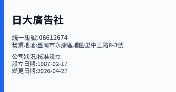 日大廣告社的照片-統編 06612674(臺南市) 公司登記資料與營業項目詳細圖表