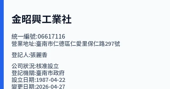 金昭興工業社的照片-統編 06617116(臺南市) 公司登記資料與營業項目詳細圖表