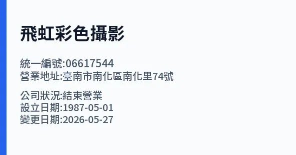 飛虹彩色攝影的照片-統編 06617544(臺南市) 公司登記資料與營業項目詳細圖表