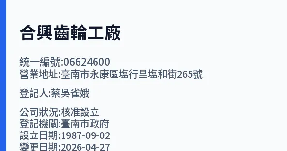 合興齒輪工廠的照片-統編 06624600(臺南市) 公司登記資料與營業項目詳細圖表