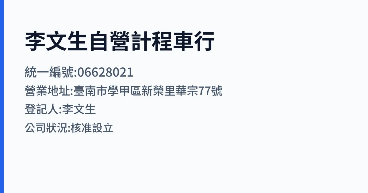 李文生自營計程車行 - 統編 06628021(臺南市) 公司登記資料與營業項目詳細圖表