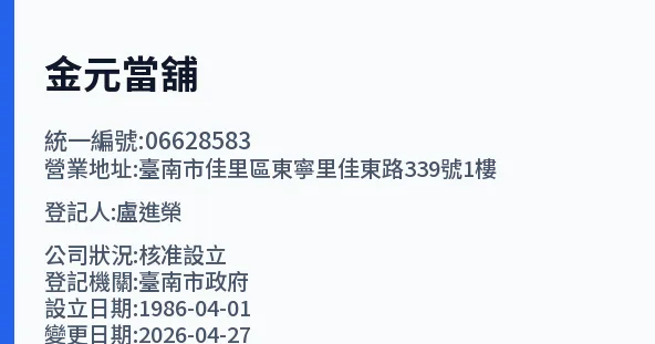 金元當舖的照片-統編 06628583(臺南市) 公司登記資料與營業項目詳細圖表