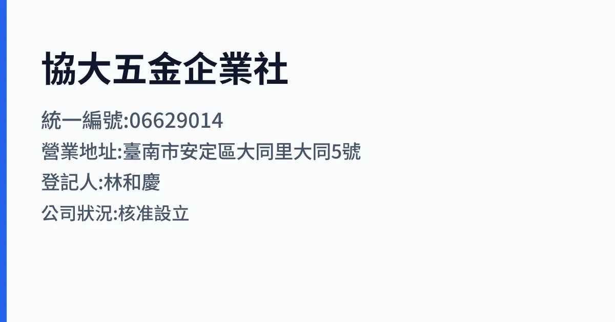 協大五金企業社 - 統編 06629014(臺南市) 公司登記資料與營業項目詳細圖表