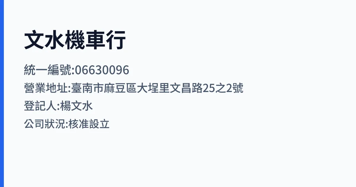 文水機車行 - 統編 06630096(臺南市) 公司登記資料與營業項目詳細圖表