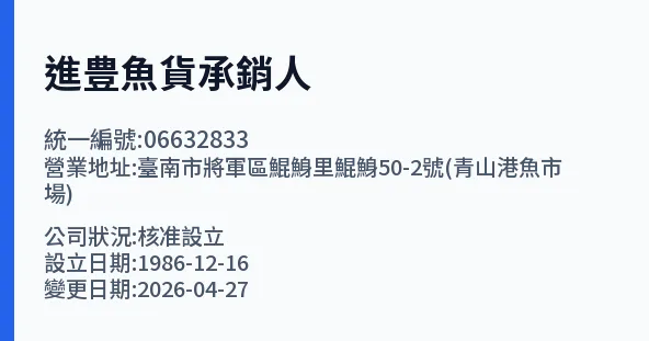 進豊魚貨承銷人的照片-統編 06632833(臺南市) 公司登記資料與營業項目詳細圖表