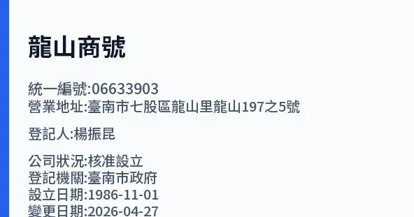龍山商號的照片-統編 06633903(臺南市) 公司登記資料與營業項目詳細圖表
