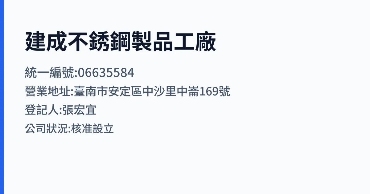建成不銹鋼製品工廠 - 統編 06635584(臺南市) 公司登記資料與營業項目詳細圖表