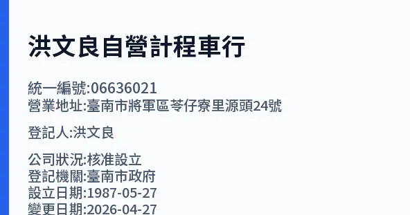洪文良自營計程車行的照片-統編 06636021(臺南市) 公司登記資料與營業項目詳細圖表