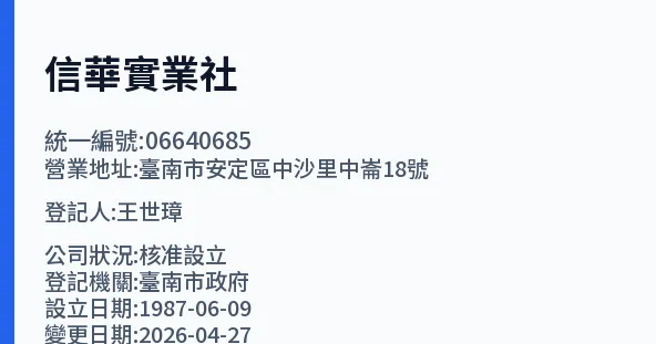 信華實業社的照片-統編 06640685(臺南市) 公司登記資料與營業項目詳細圖表