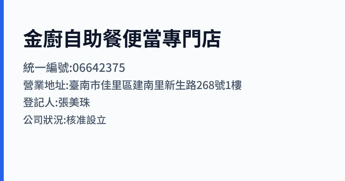 金廚自助餐便當專門店 - 統編 06642375(臺南市) 公司登記資料與營業項目詳細圖表