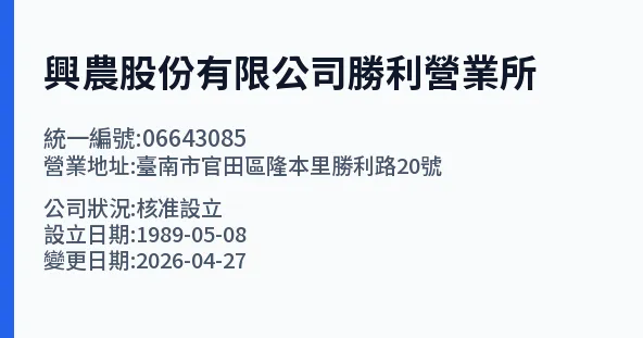 興農股份有限公司勝利營業所的照片-統編 06643085(臺南市) 公司登記資料與營業項目詳細圖表