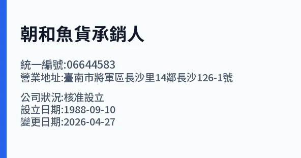 朝和魚貨承銷人的照片-統編 06644583(臺南市) 公司登記資料與營業項目詳細圖表