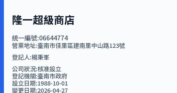 隆一超級商店的照片-統編 06644774(臺南市) 公司登記資料與營業項目詳細圖表