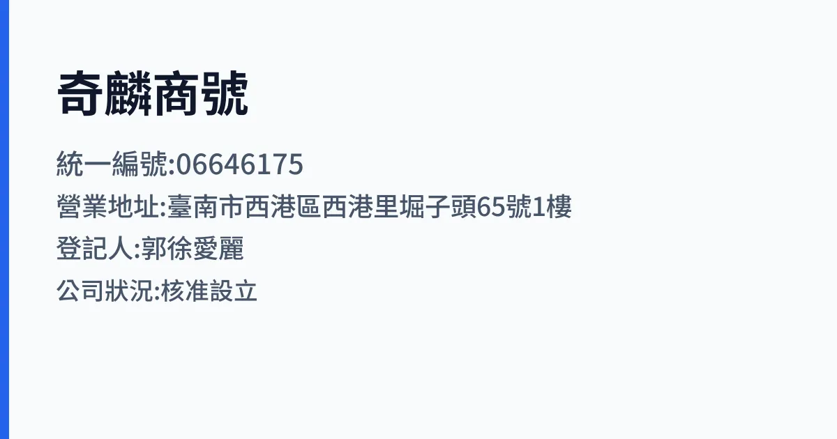 奇麟商號 - 統編 06646175(臺南市) 公司登記資料與營業項目詳細圖表
