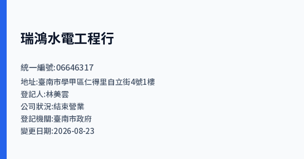 瑞鴻水電工程行的照片-統編 06646317(臺南市) 公司登記資料與營業項目詳細圖表