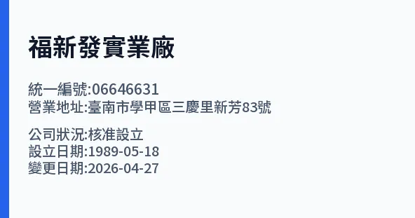 福新發實業廠的照片-統編 06646631(臺南市) 公司登記資料與營業項目詳細圖表
