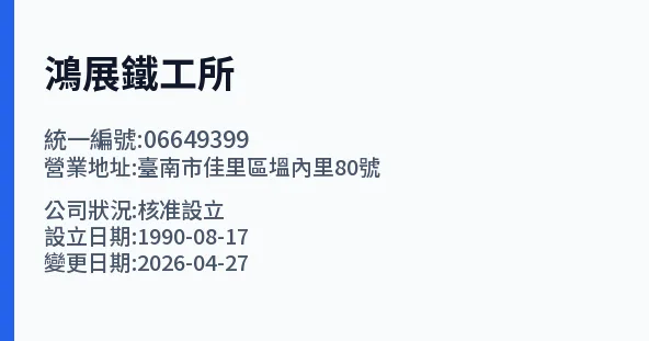 鴻展鐵工所的照片-統編 06649399(臺南市) 公司登記資料與營業項目詳細圖表
