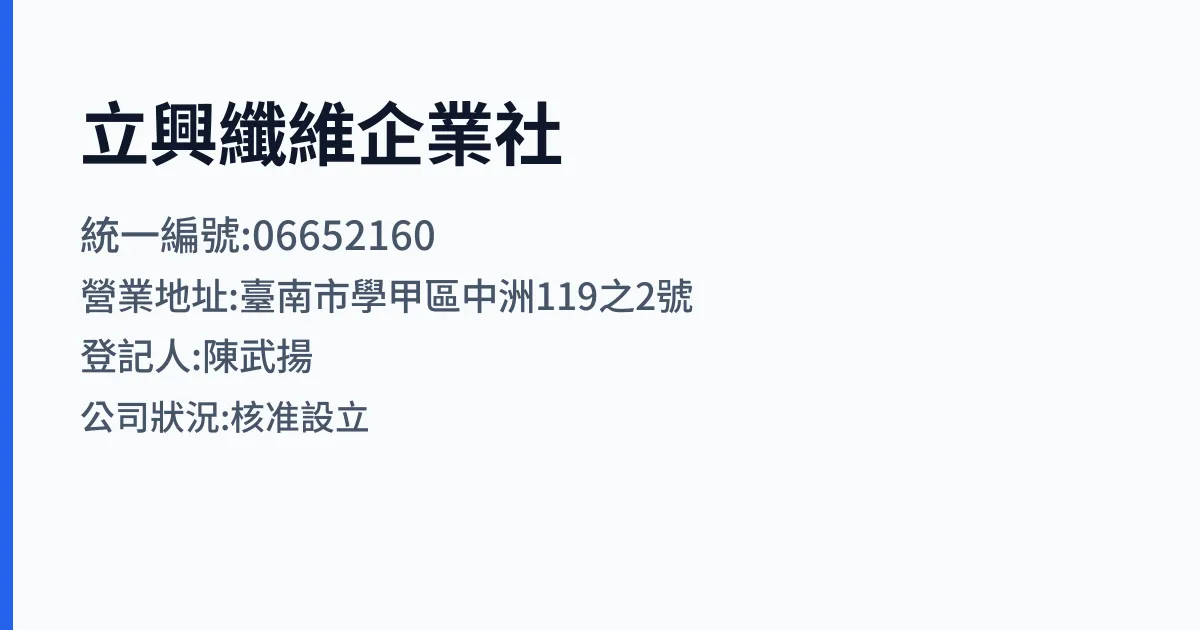 立興纖維企業社 - 統編 06652160(臺南市) 公司登記資料與營業項目詳細圖表