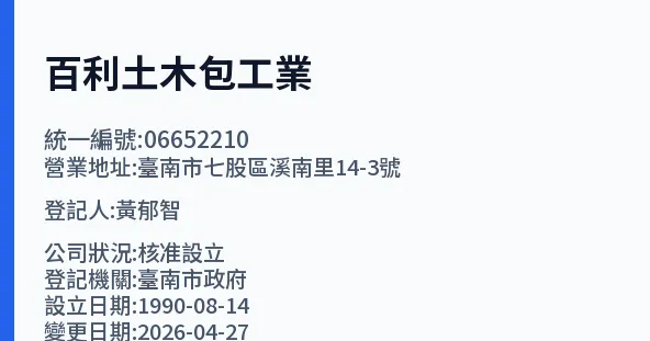 百利土木包工業的照片-統編 06652210(臺南市) 公司登記資料與營業項目詳細圖表
