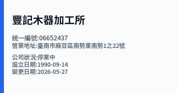 豐記木器加工所的照片-統編 06652437(臺南市) 公司登記資料與營業項目詳細圖表