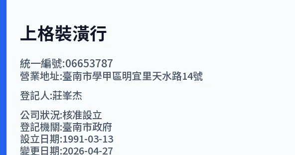 上格裝潢行的照片-統編 06653787(臺南市) 公司登記資料與營業項目詳細圖表