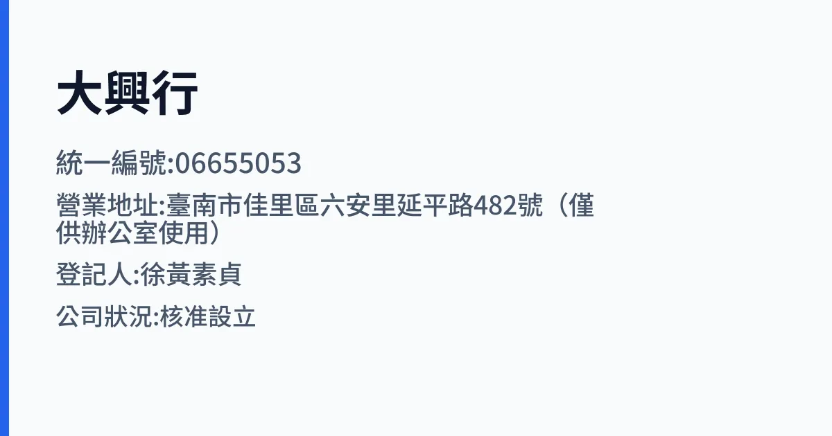 大興行 - 統編 06655053(臺南市) 公司登記資料與營業項目詳細圖表