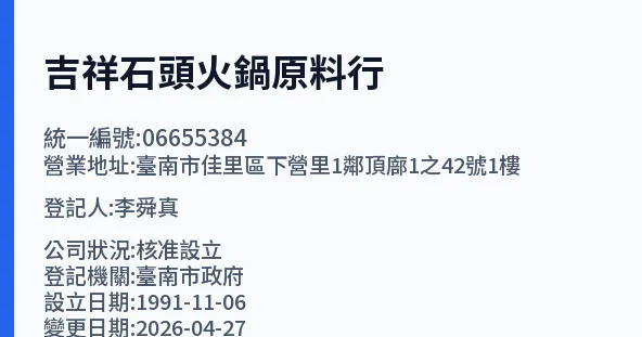 吉祥石頭火鍋原料行的照片-統編 06655384(臺南市) 公司登記資料與營業項目詳細圖表